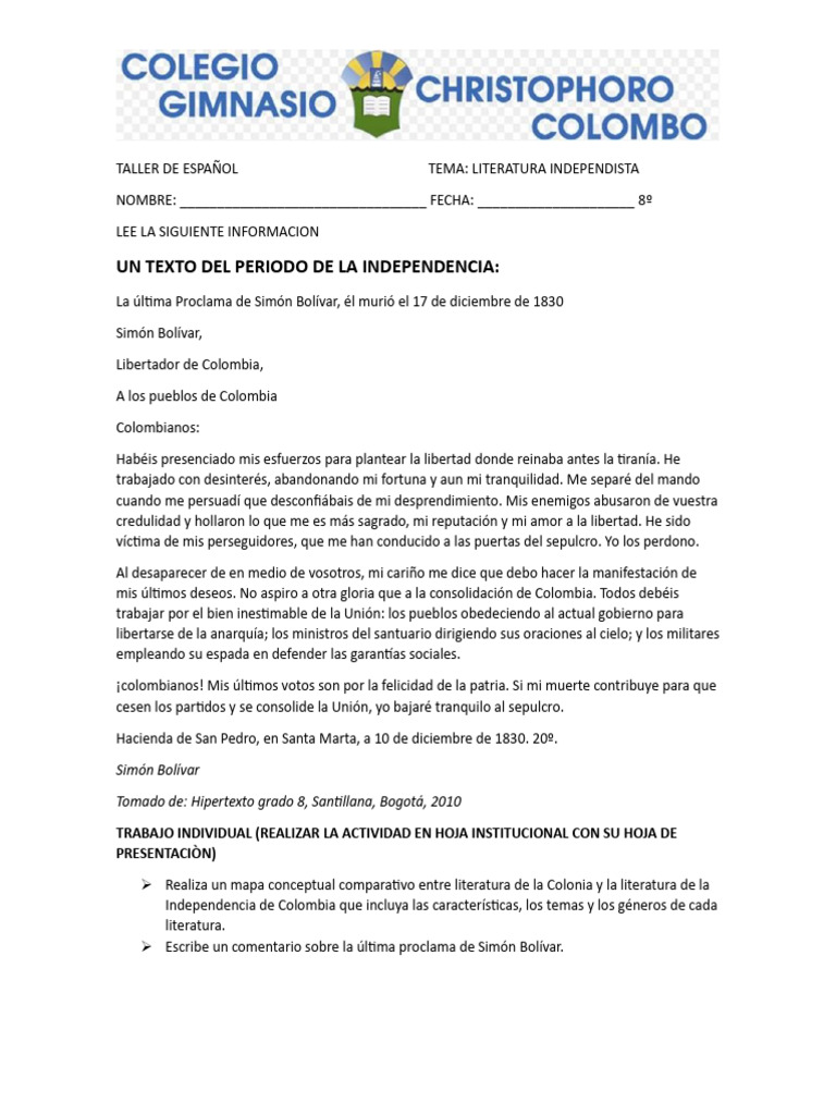 Taller de Español - Literatura Independista 8º | PDF