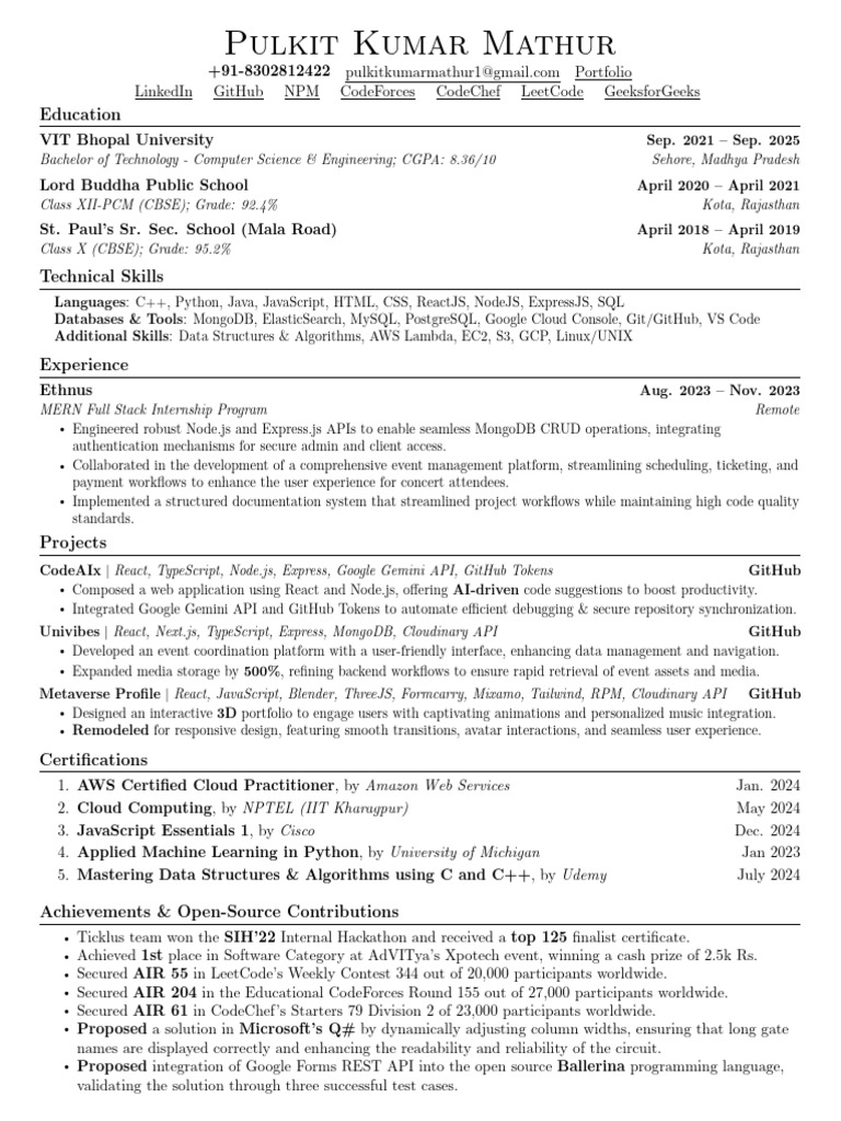 Resume - Pulkit Kumar Mathur | PDF | Computing | Software Engineering