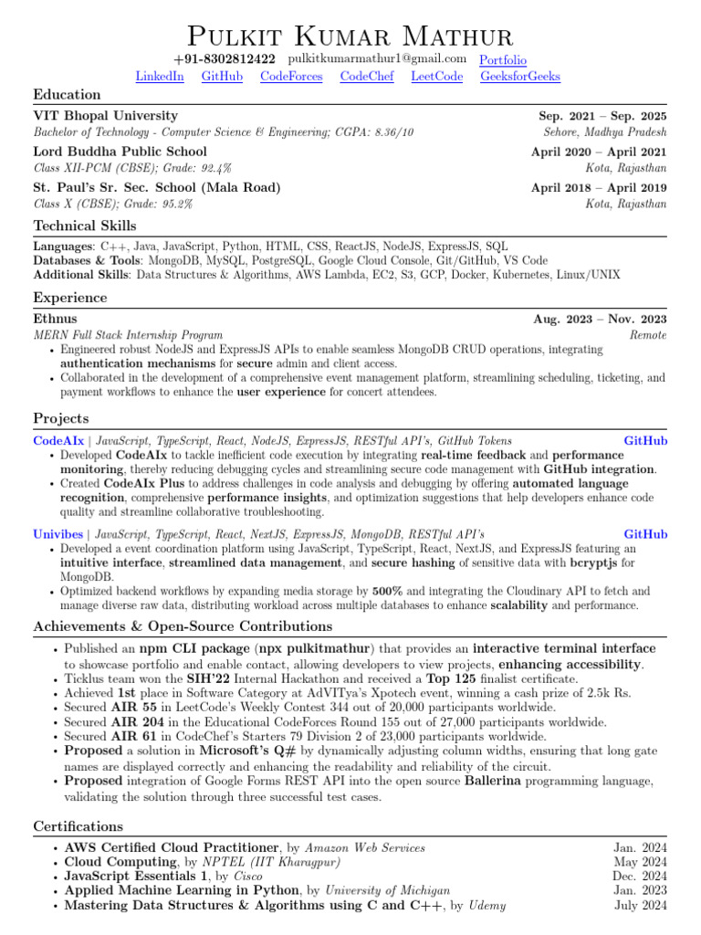 Pulkit Kumar Mathur FullStack SDE Resume | PDF | Amazon Web Services | Cloud Computing
