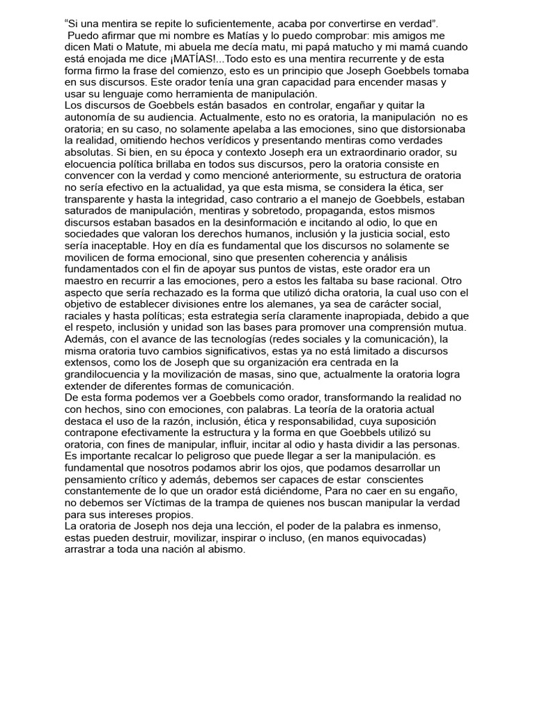 Discurso Expocitivo Sobre El Ministro de Propaganda Nazi | PDF | Hablar ...