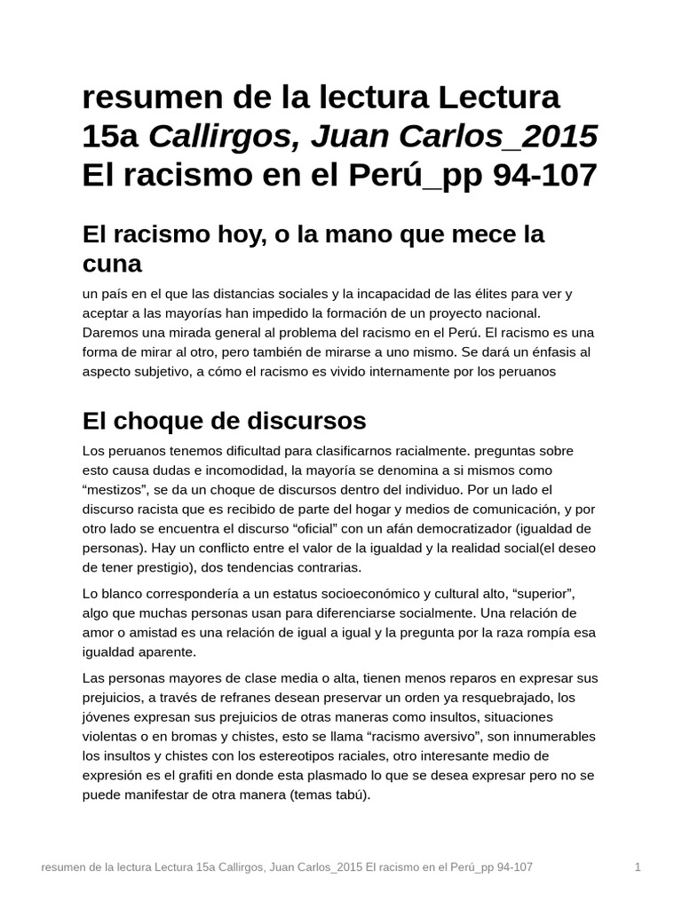 Resumen El Racismo en El Perú PP 94-107 | PDF | Racismo ...