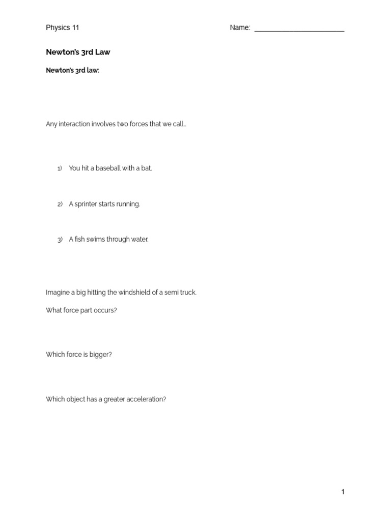 Newton's 3rd Law: Physics 11 Name | PDF | Force | Mass
