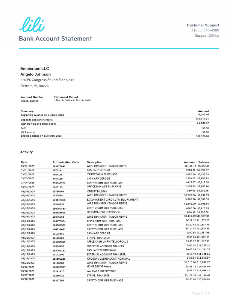 Angelo Johnson March Statement | PDF | Credit Card | Wire Transfer