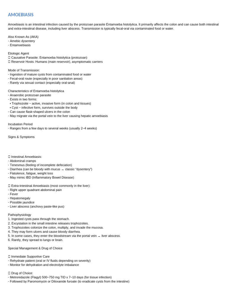 Formatted Amoebiasis Cheat Sheet | PDF | Immunology | Digestive System