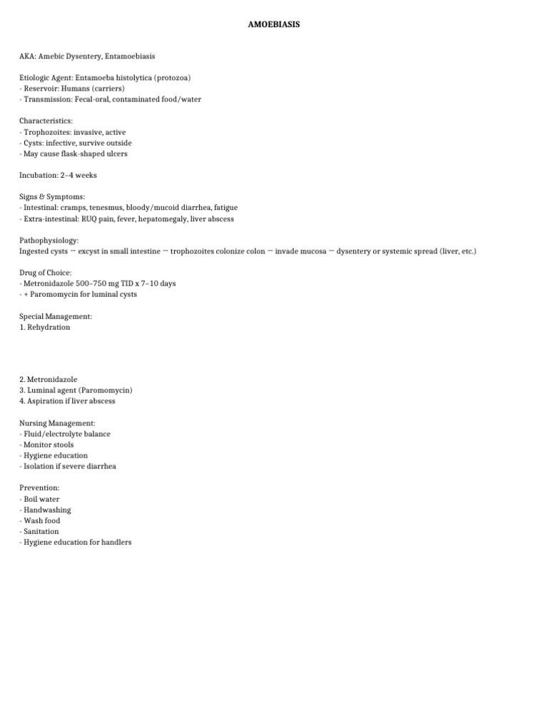Amoebiasis Cheat Sheet | PDF