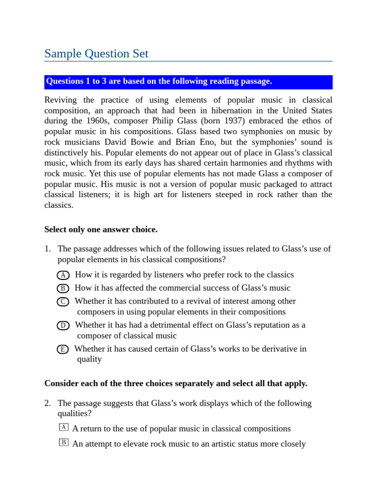 Reading Comprehension - Sample Questions Set | PDF | Question | Rock Music