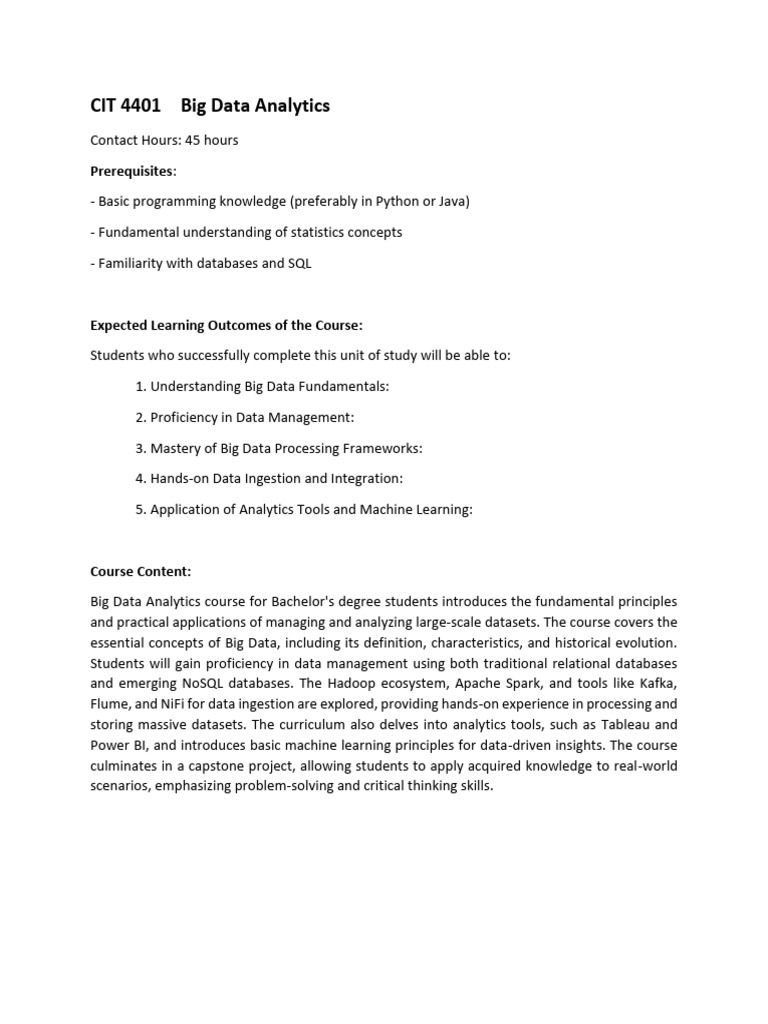 CIT 4401big Data Analytics Course Outline | PDF | Apache Spark | Apache ...