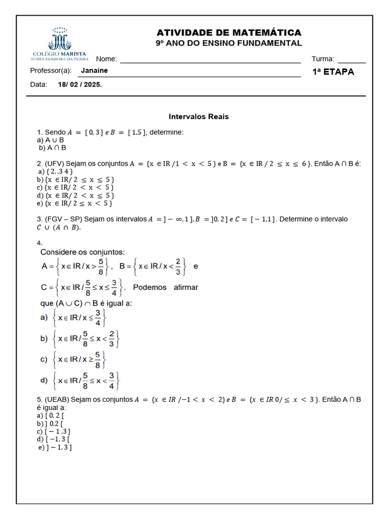 Atividade 02 - Intervalos Reais | PDF