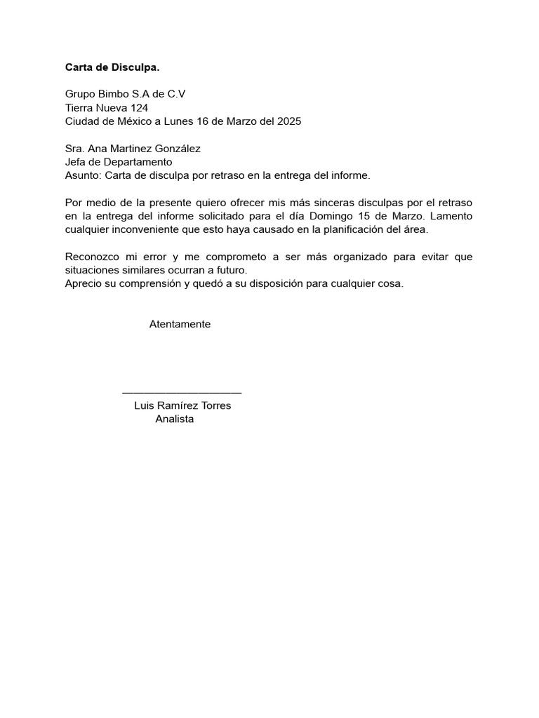 Carta de Disculpa por Retraso en Informe | PDF