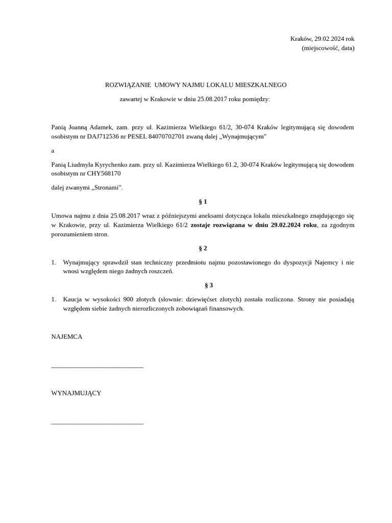 Rozwiazanie Umowy Najmu Za Porozumieniem Stron Wzor | PDF