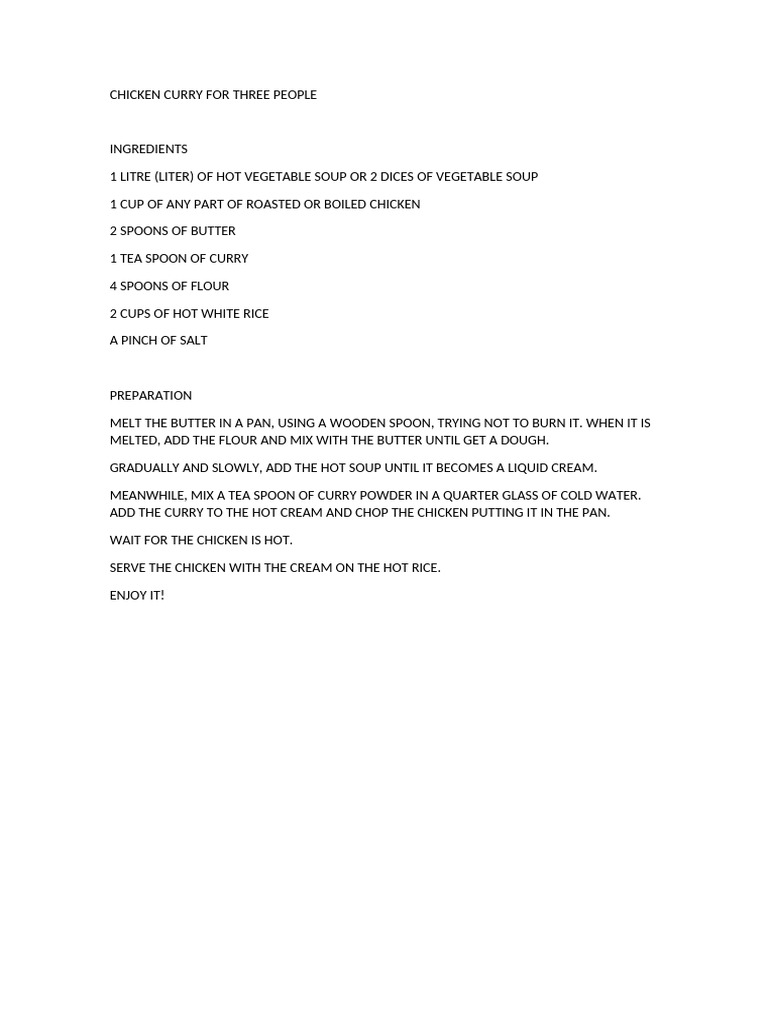Chicken Curry For Three People | PDF