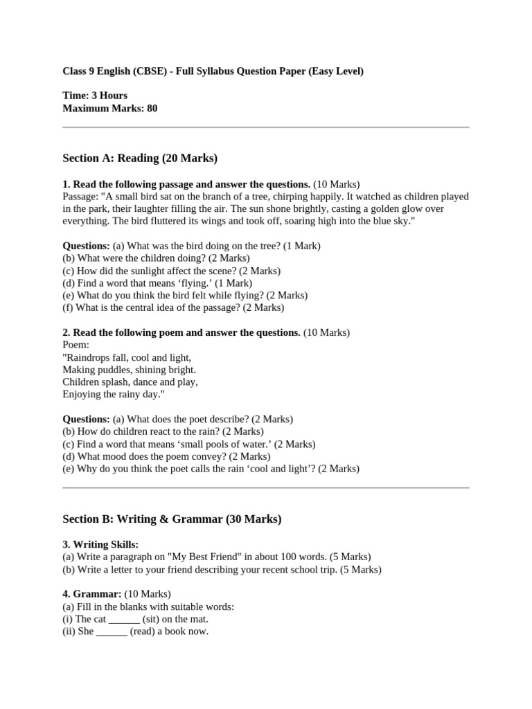 Class 9 CBSE English Syllabus & Questions | PDF