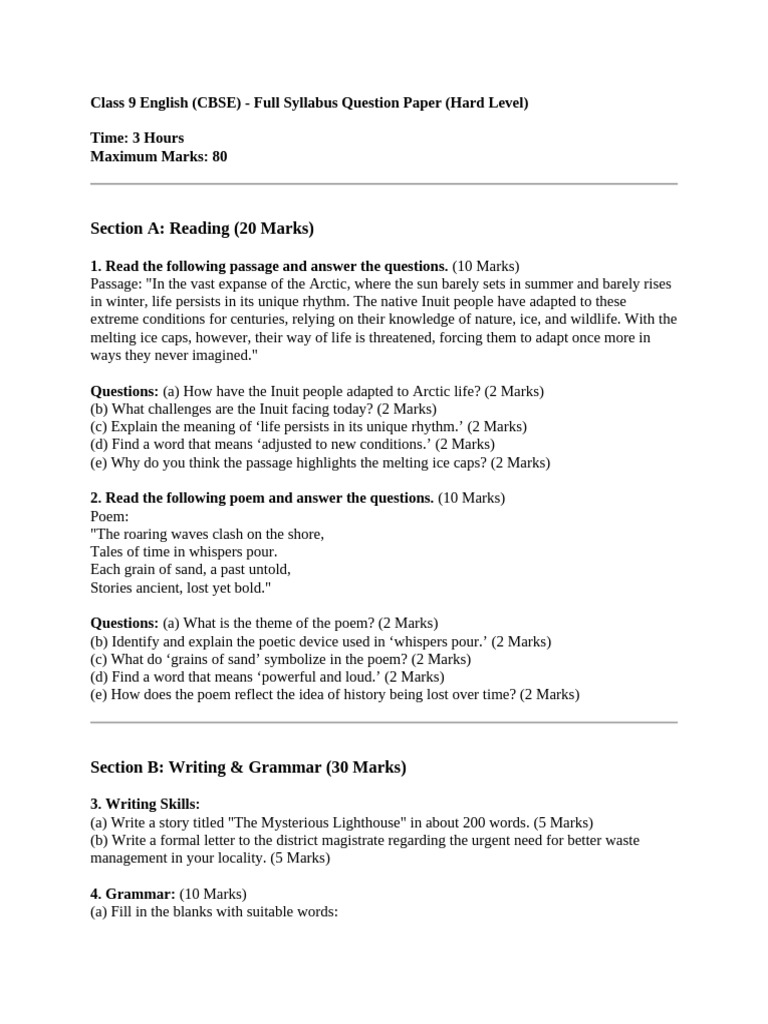 Class 9 English Model Question Paper | PDF | Poetry | Natural Environment