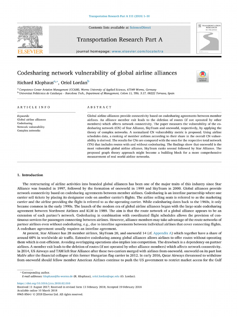 Codesharing Network Vulnerability of Global Airline Alliances _ Elsevier Enhanced Reader (2) | PDF