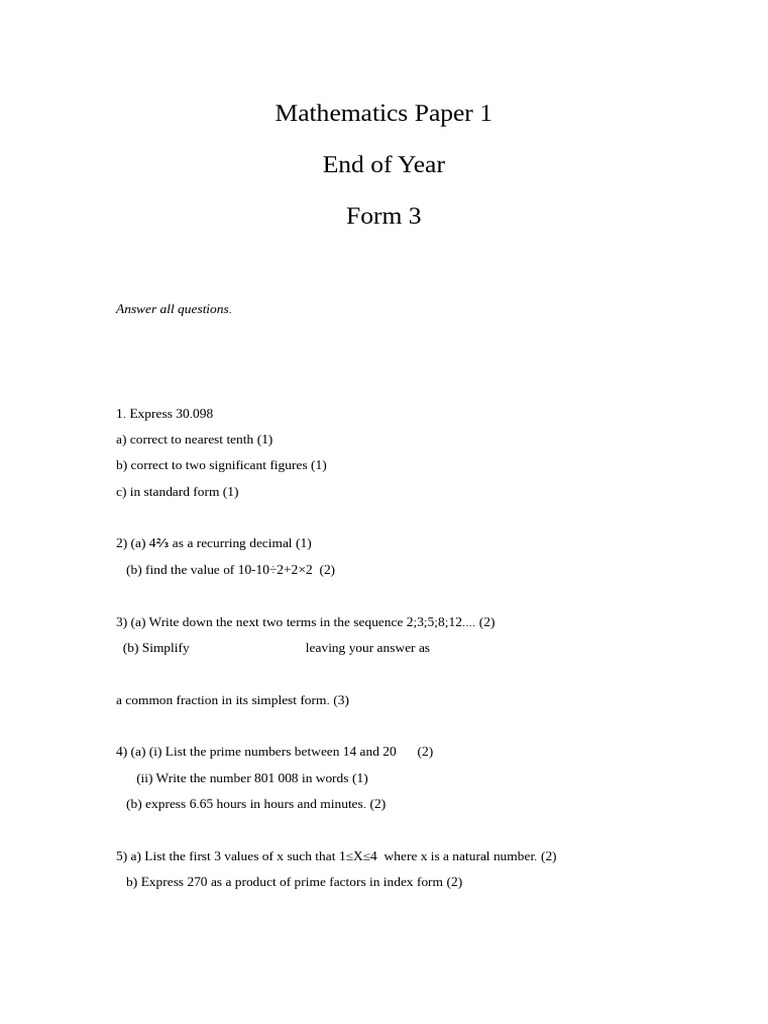 Maths Form 3 Paper 1 | PDF