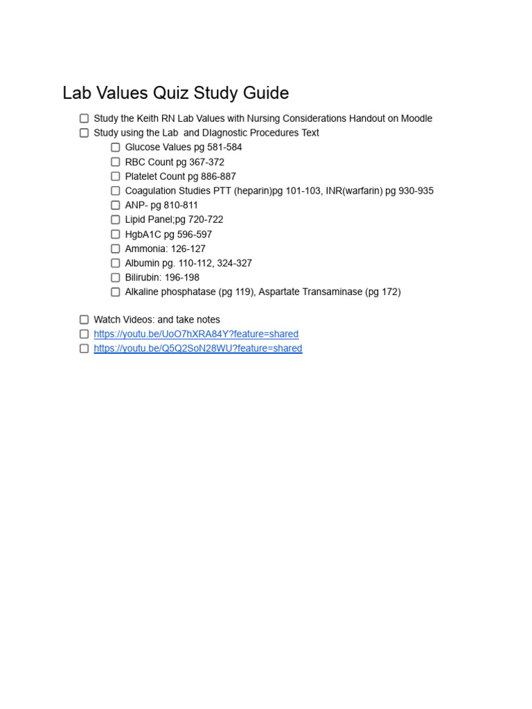 Lab Values Quiz Study Guide | PDF