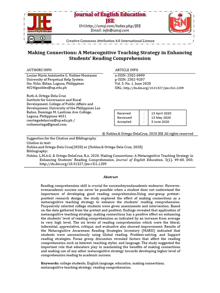 Making Connections A Metacognitive Teaching Strate | PDF | Reading Comprehension | Metacognition