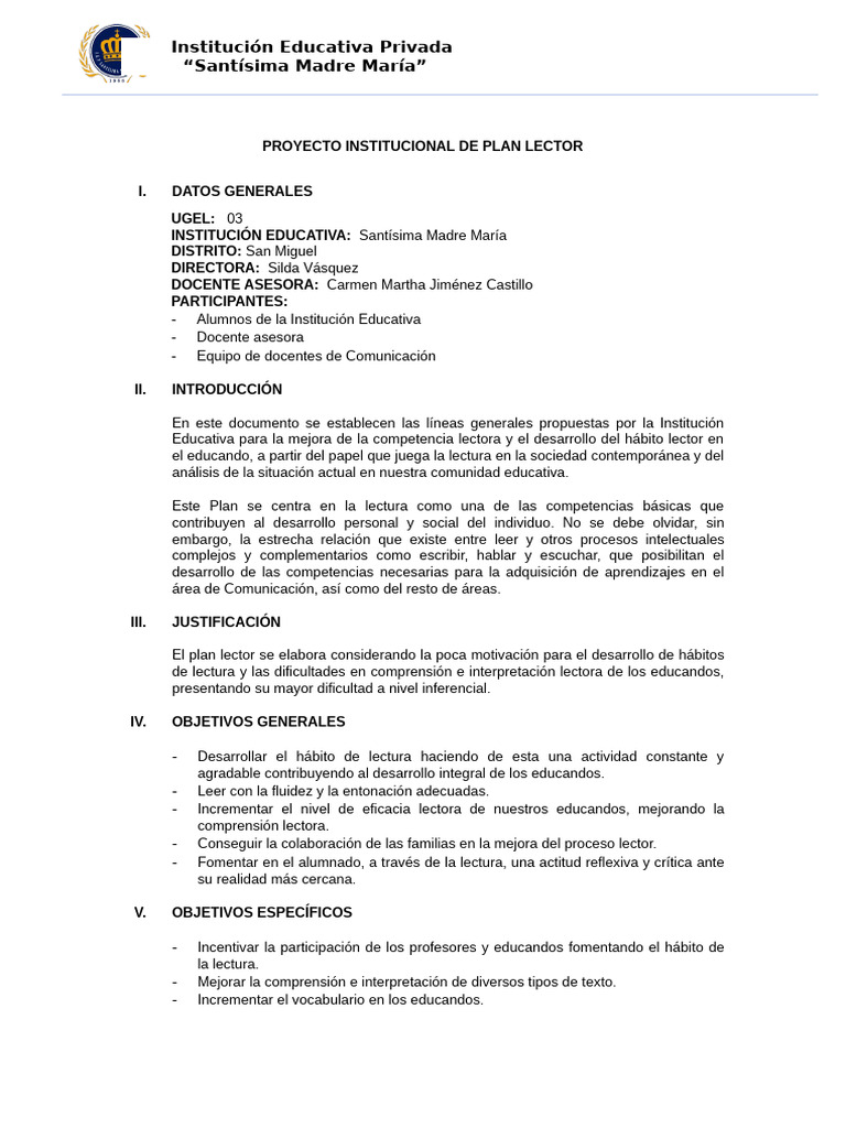 Proyecto Plan Lector - Miss Carmen | PDF | Comprensión lectora | Escuelas