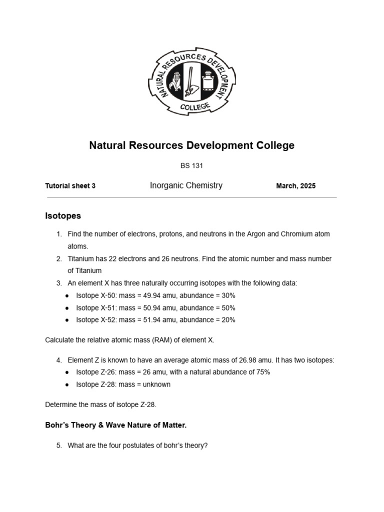 INO. Tutorial Sheet 3. BS 131 | PDF | Atoms | Electron