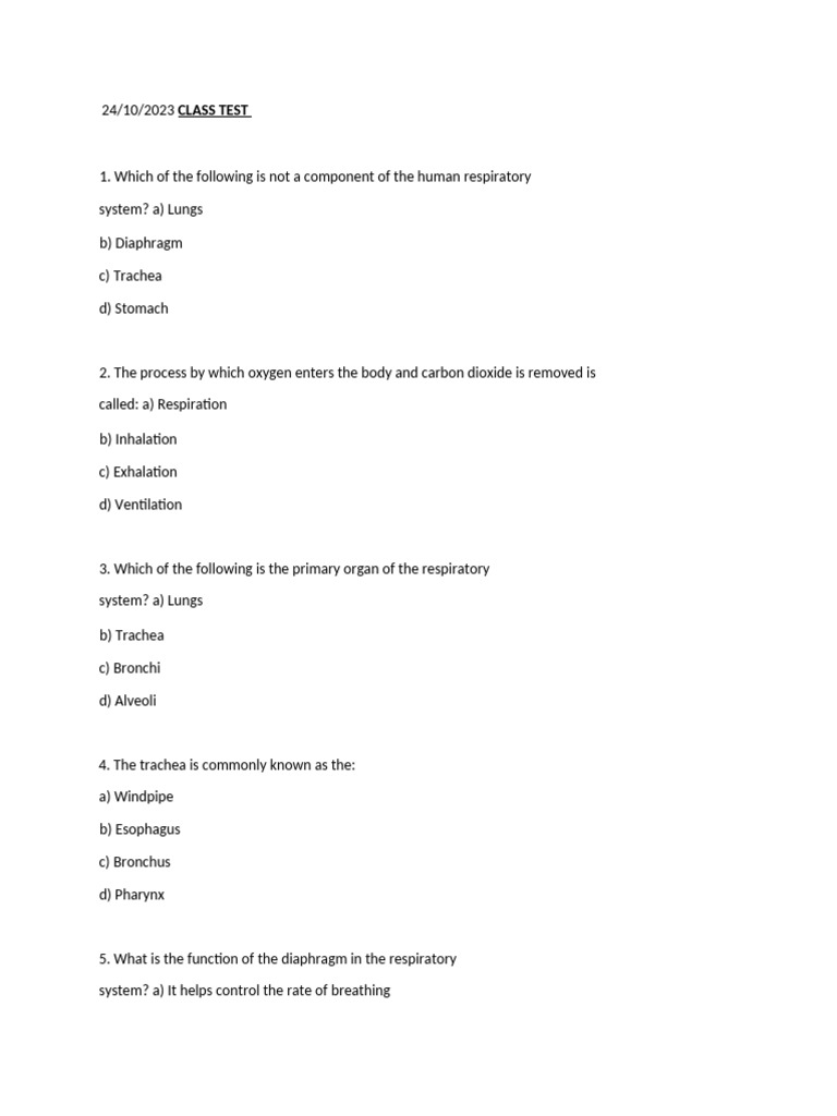 Class Test On Respiratory System | PDF | Respiratory Tract ...