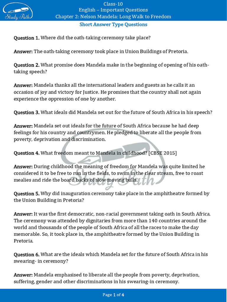 Short Answer Type Questions | PDF | Nelson Mandela | Apartheid