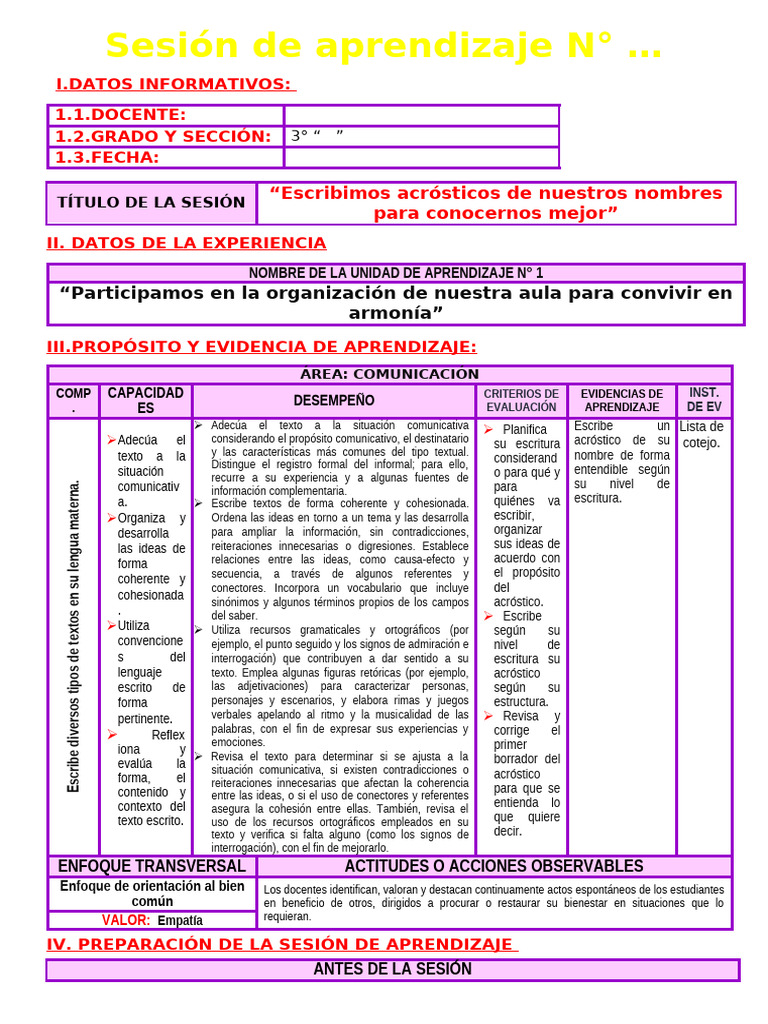 Sesiòn Escribimos Un Acròstico de Mi Nombre Maestra Janet | PDF ...