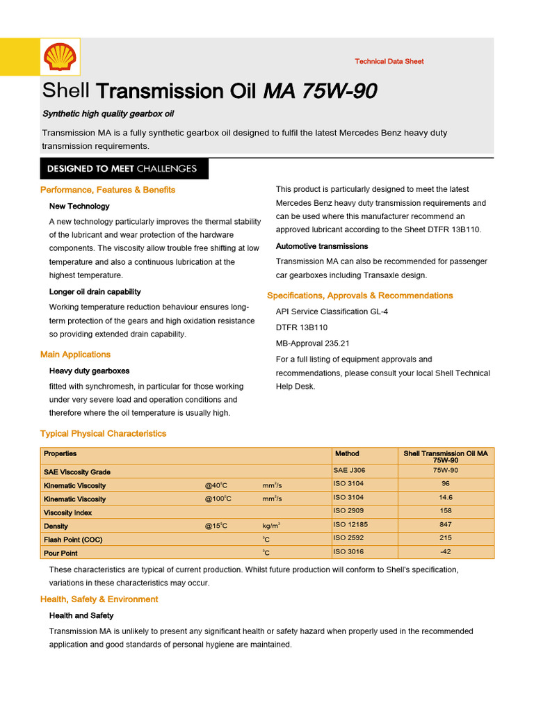 Shell Transmission Oil MA 75W-90 | PDF | Mechanical Engineering | Materials