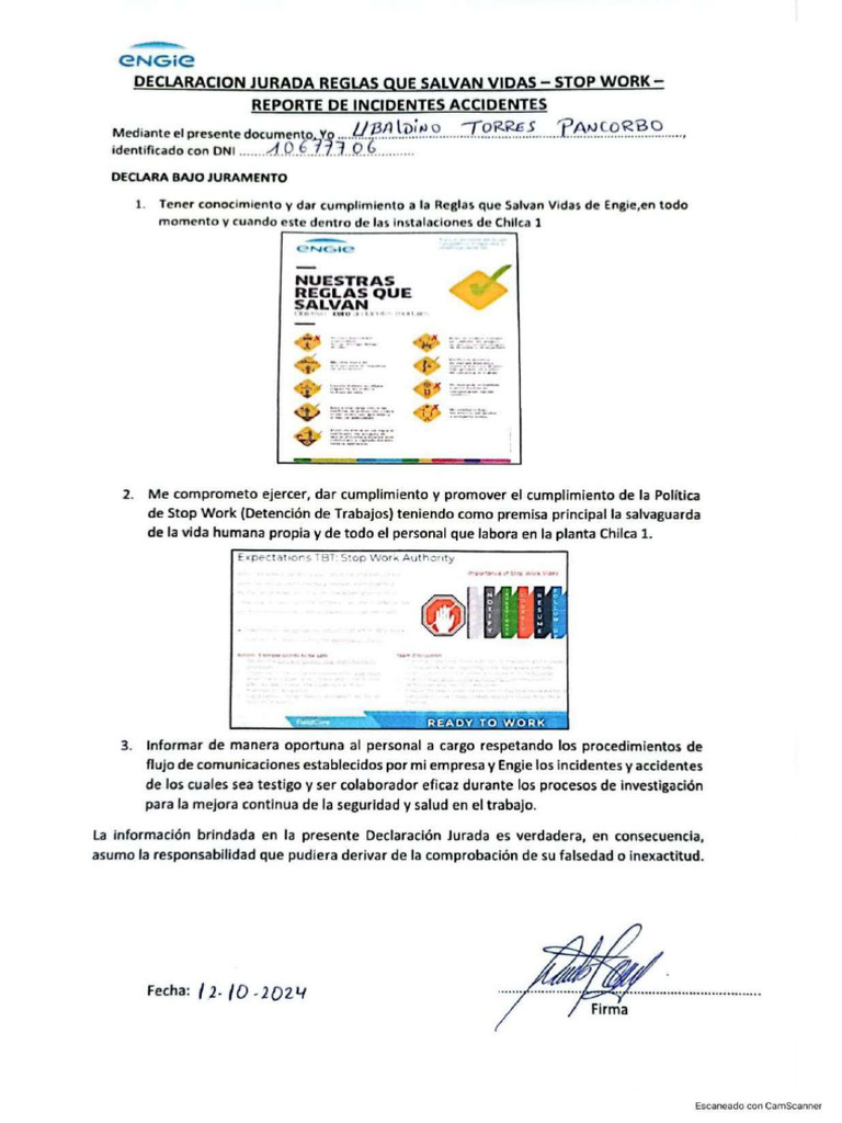 Declaración Jurada de Cumplimiento de Reglas Que Salvan Vidas, Regla Stop y Reporte de ...