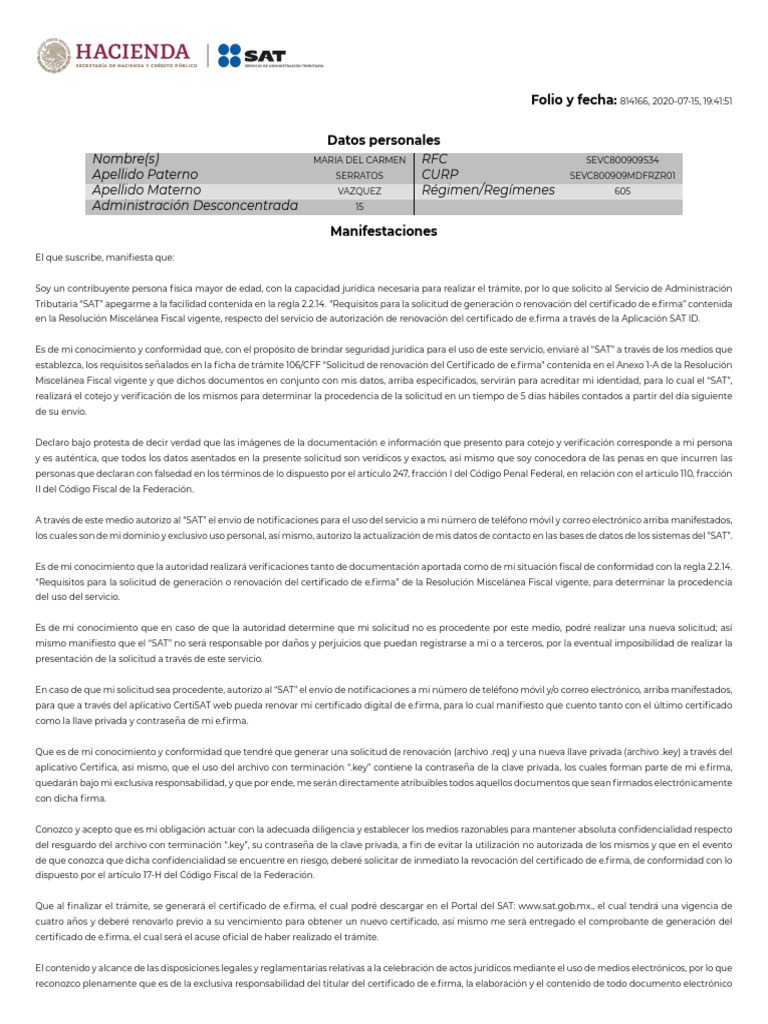 Solicitud de Renovación de e.Firma SAT | PDF | Contraseña