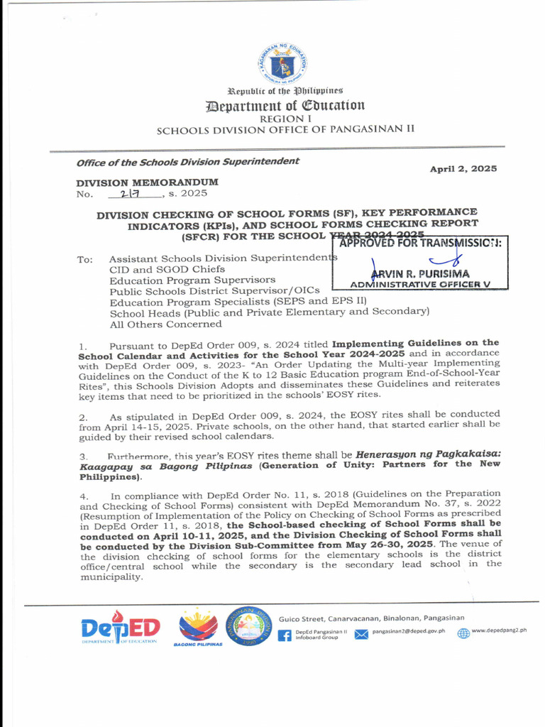 DM No. 217 S. 2025 Division Checking of School Forms SF Key Performance Indicators KPIs and ...
