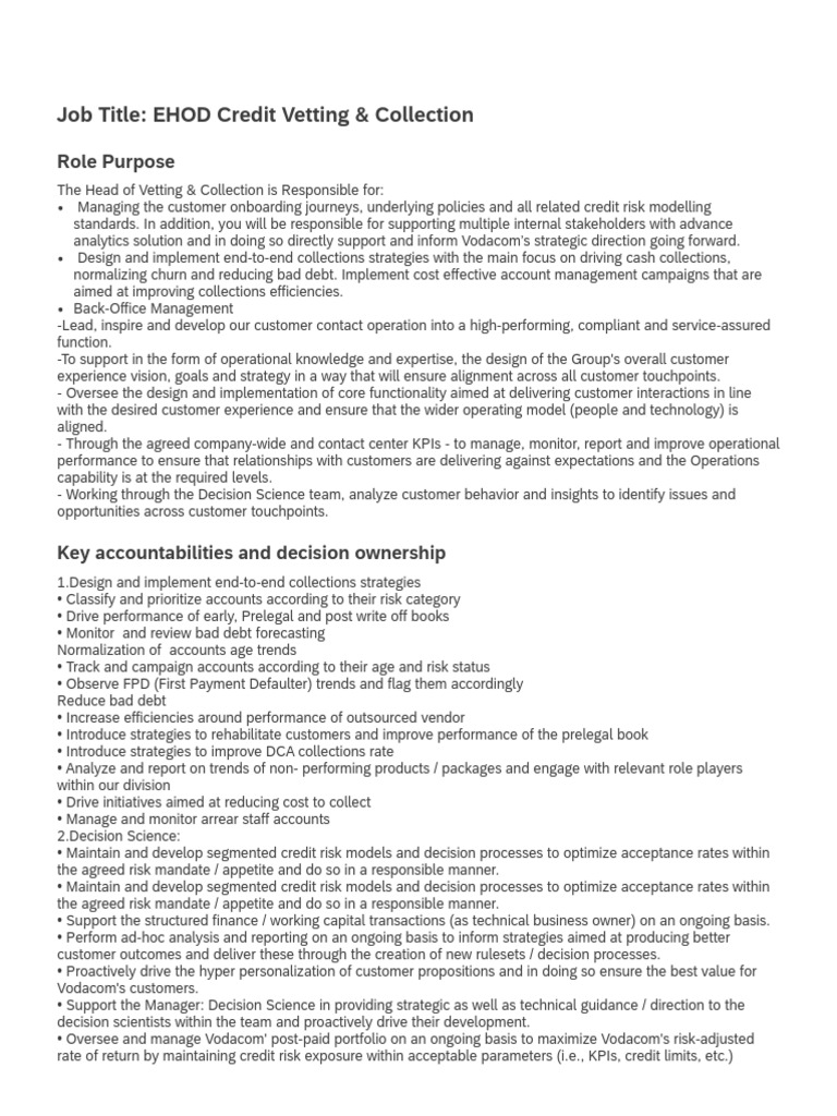 Job Description EHOD Credit Vetting & Collection | PDF | Risk ...