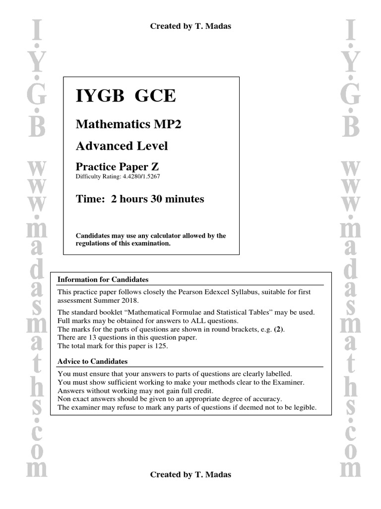 Iygb Gce: Mathematics MP2 Advanced Level | PDF | Equations | Mathematical Physics
