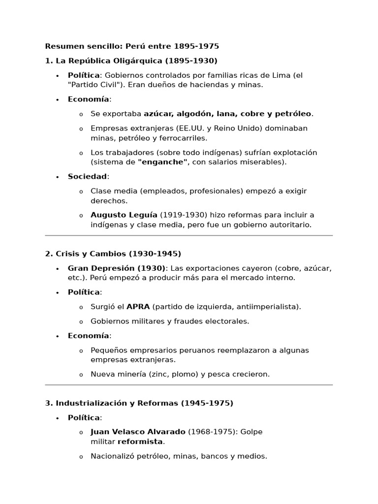 Resumen Sencillo Perú Entre 1895-1975 | PDF