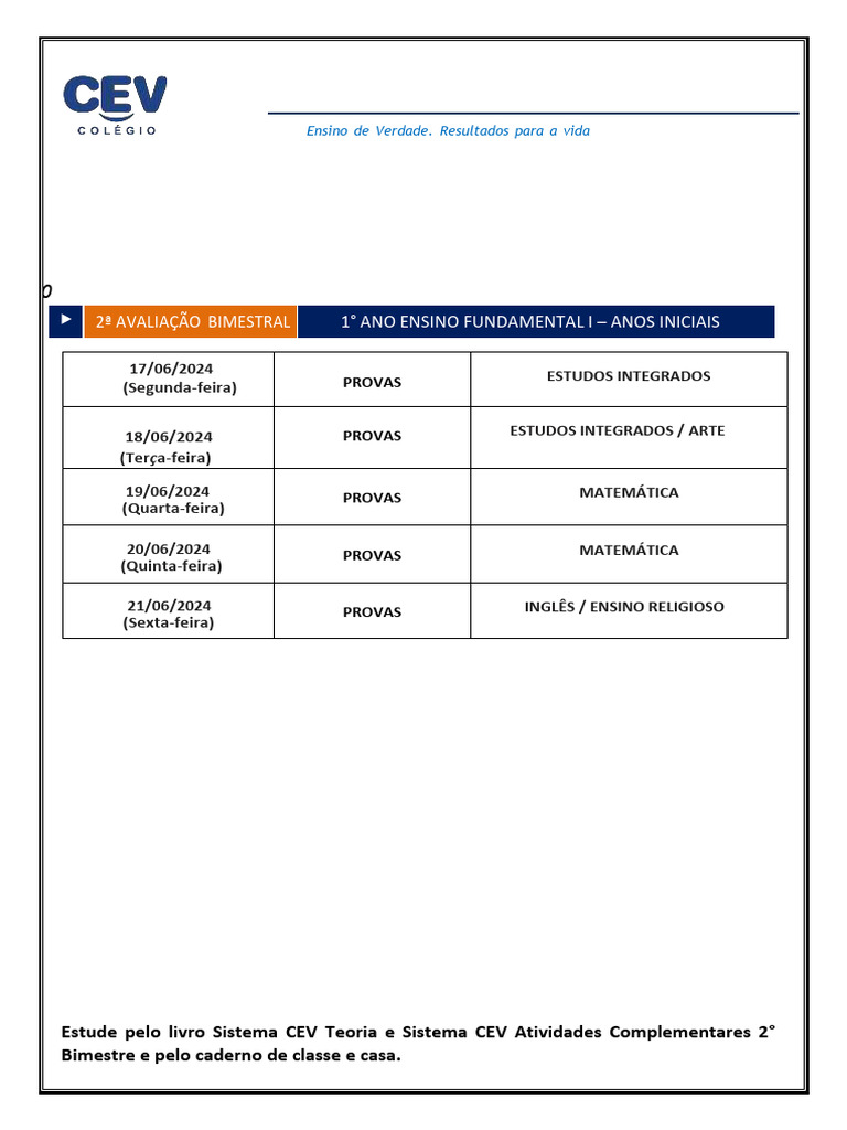 1° Ano - Roteiro de Provas 2° Bimestre 2024 | PDF | Livros
