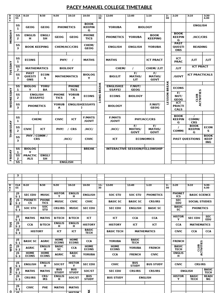 PACEY MANUEL COLLEGE TIMETABLE 2025 New | PDF