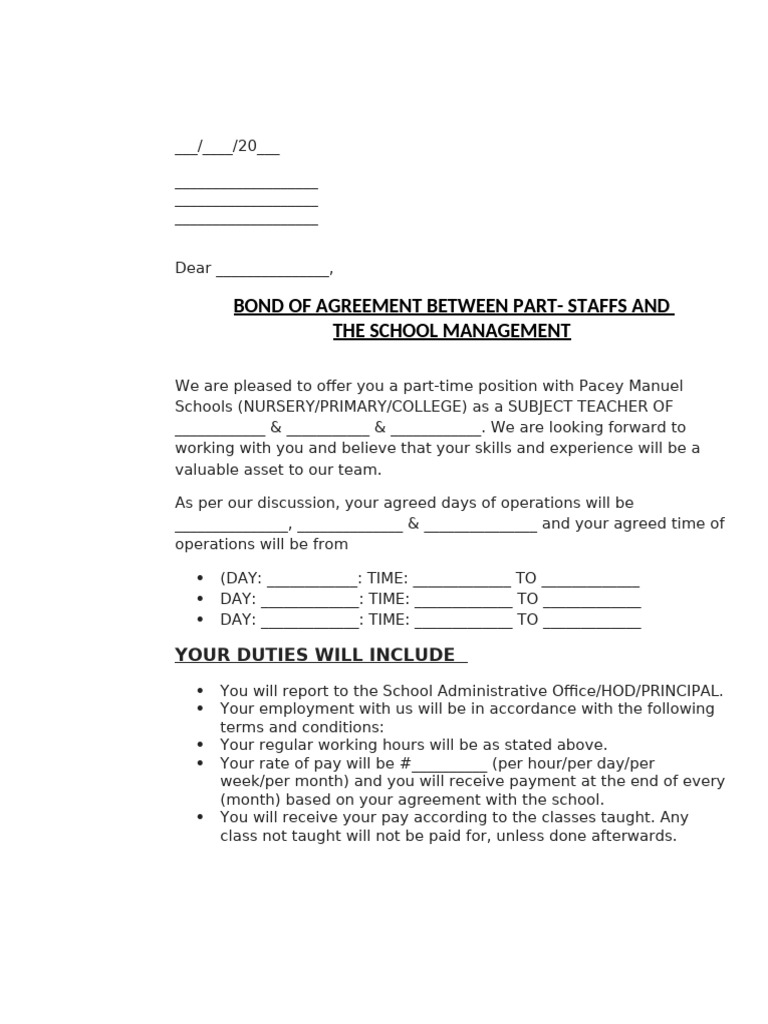 Part-Time Teacher Agreement Template | PDF