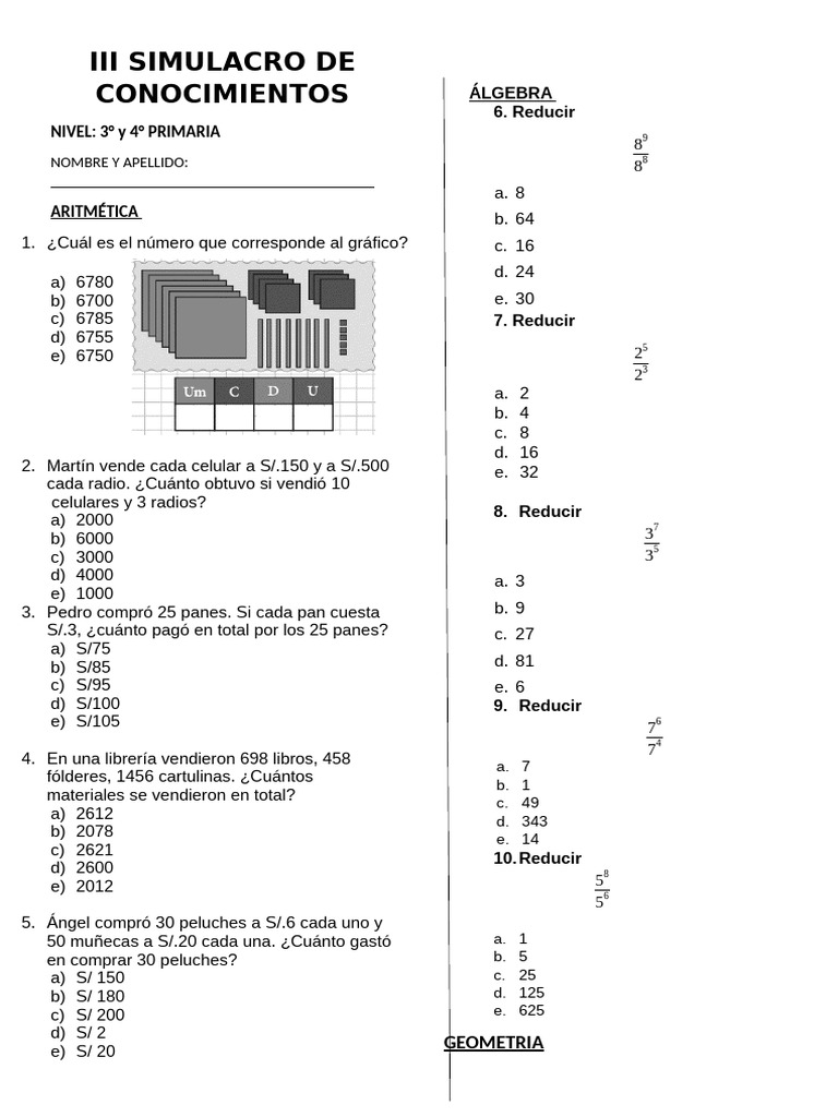 III SIMULACRO DE CONOCIMIENTOS 3y 4 Primaria | PDF