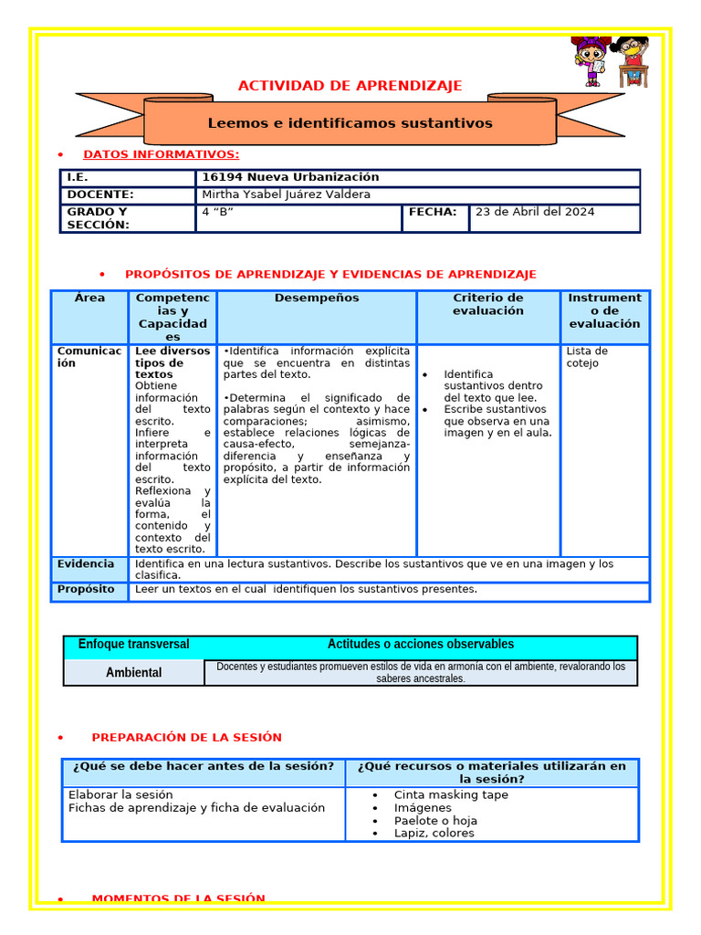 Sesion de Aprendizaje El SUSTANTIVO | PDF | Aprendizaje | Enseñando