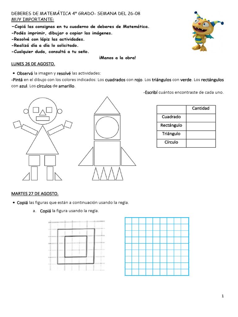 DEBERES DE MATEMÁTICA 4º GRADO Semana 26-08 | PDF
