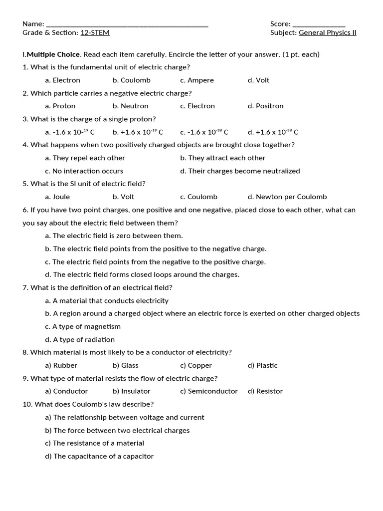 General Physics II Electric Charge Quiz | PDF | Electric Charge ...