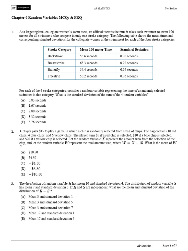Kami Export - Chapter 6 Random Variables MCQs & FRQ CB | PDF | Standard Deviation | Mean