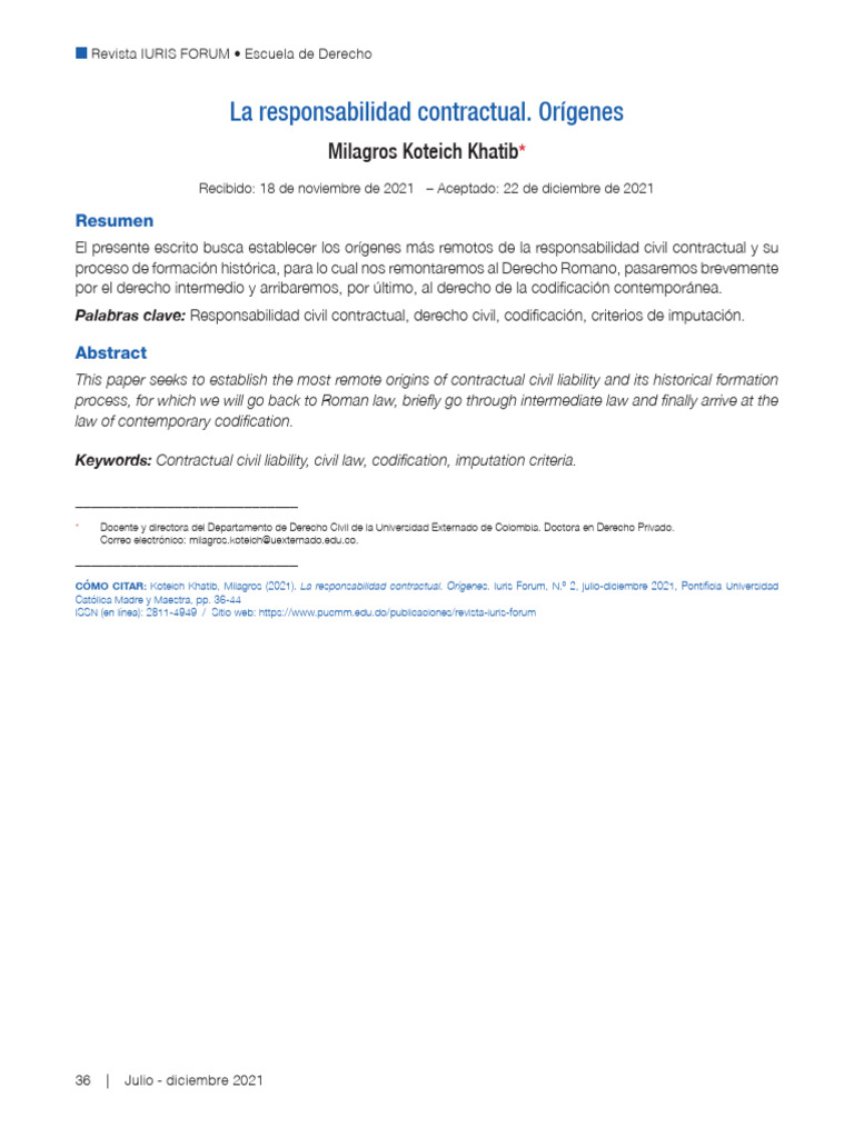 La Responsabilidad Contractual Origenes de Milagros Koteich Khatib IF2 | PDF | Intención ...