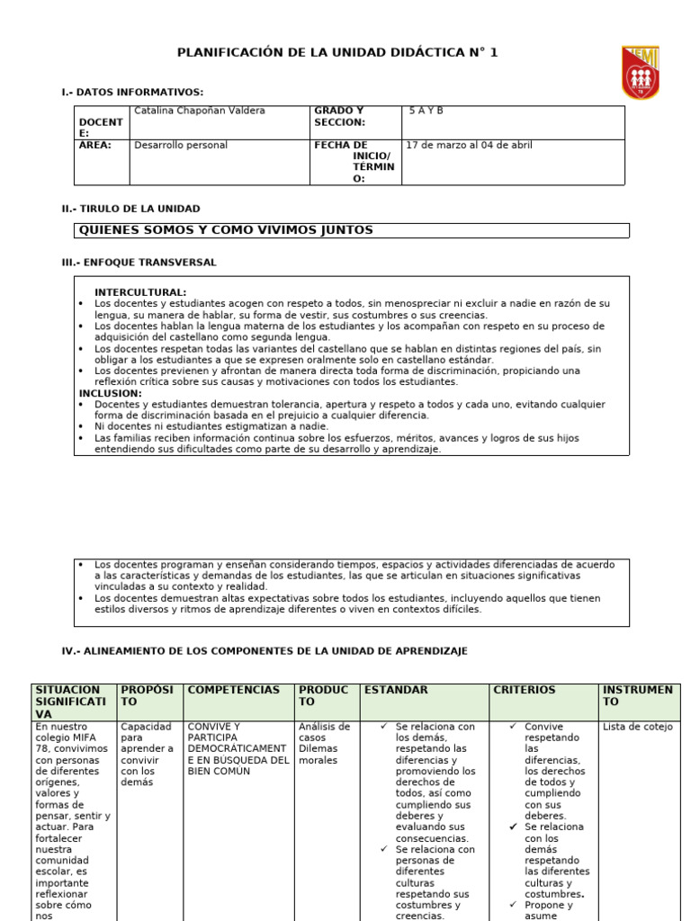 Formato de Unidad 1 de Aprendizaje DPCC 2025-5 Secundaria | PDF | Enseñando | Aprendizaje