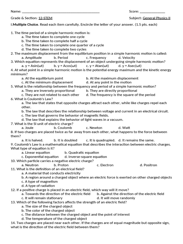 Exam-Physics 3rd Quarter | PDF | Electric Field | Electric Charge