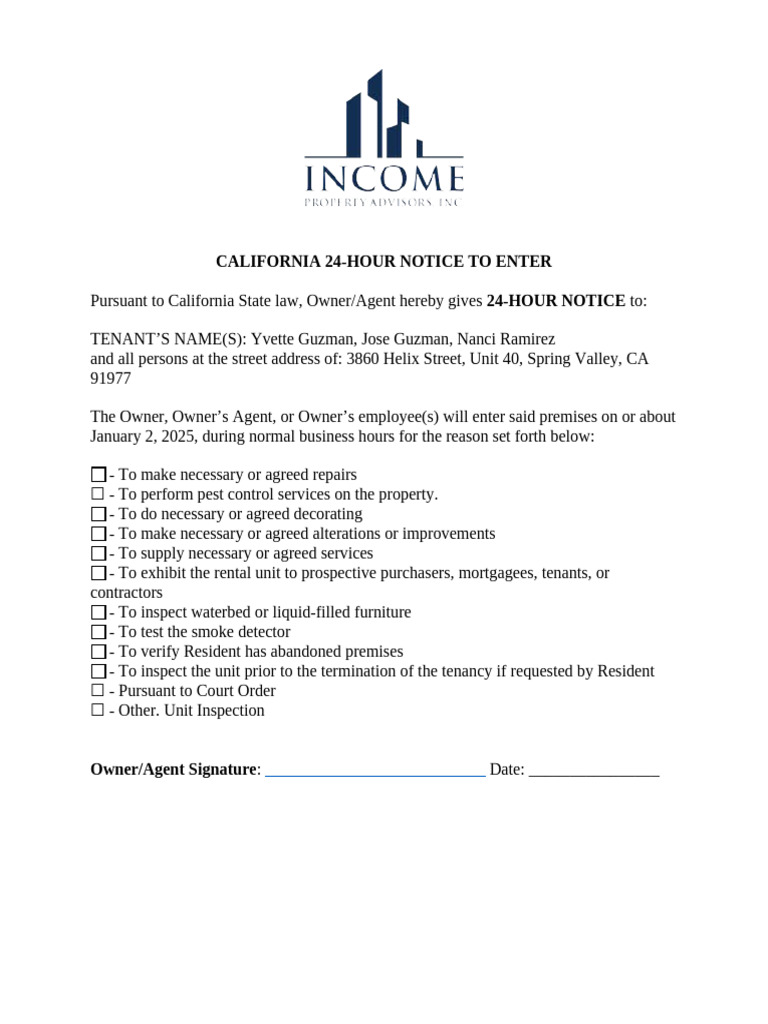 California-24-Hour-Notice-to-Enter 40 2nd Notice | PDF