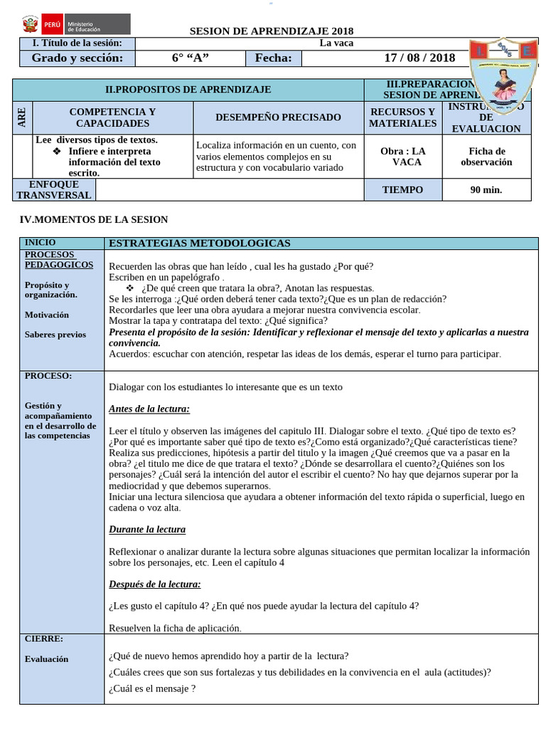 Sesion de Aprendizaje La Vaca | PDF | Aprendizaje | Comunicación humana