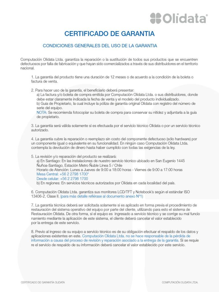 Garantía y condiciones Olidata | PDF | Pantalla de cristal líquido ...