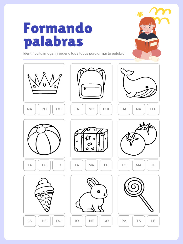 Hoja de Trabajo de Lenguaje Formando Palabras Ilustrativo Lila | PDF