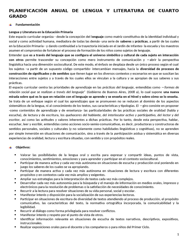 Planificación Anual Lengua 4° Grado | PDF | Comunicación | Aprendizaje