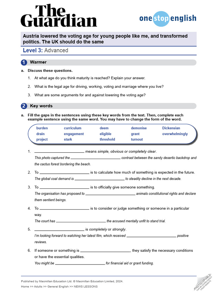 Voting Age - C1 - C2 News Lesson | PDF | Voter Turnout | Voting